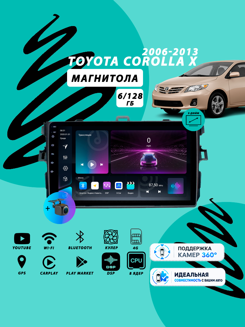 Магнитола Toyota Corolla (E140, E150) V1 6ГБ+128ГБ 4G/Android/360/8 ядер