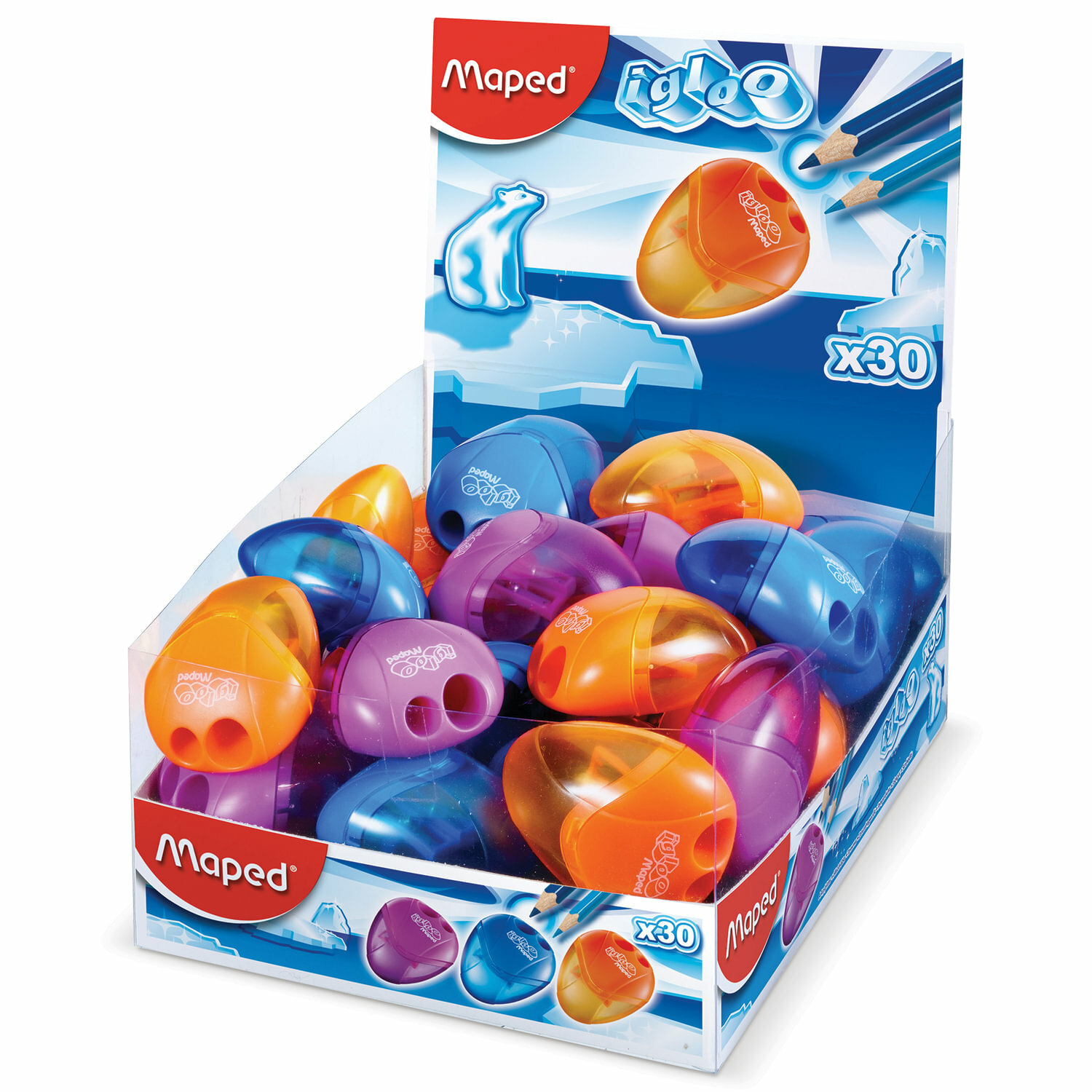 Упаковка 30 шт. Точилка MAPED (Франция) "I-Gloo", 2 отверстия, с контейнером, ассорти, дисплей, 534756
