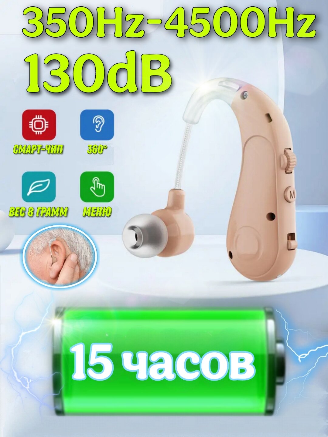 Слуховой аппарат заушного типа цифровой с зарядкой аккумуляторный качественный