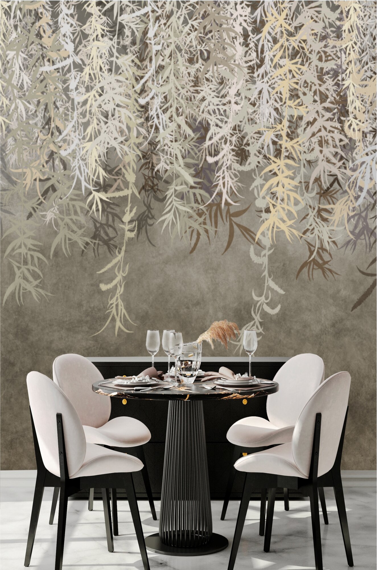 Флизелиновые фотообои на стену Dekor Vinil "Листья ивы на коричневом фоне" 200х270 см для спальни, кухни, гостиной, в зал, в коридор, молодежные, лофт