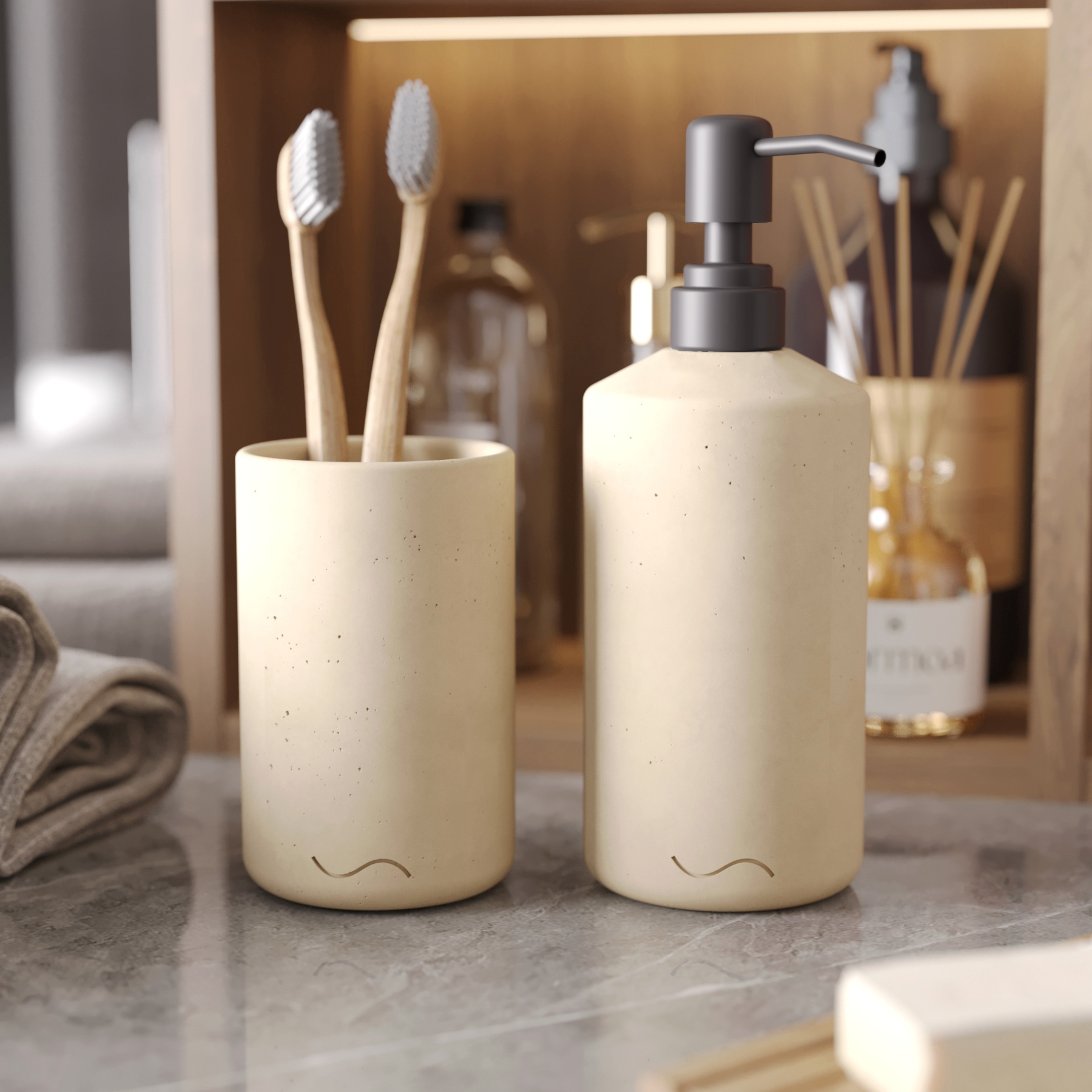 Набор для ванной Astrid Slim 01 (дозатор с черной помпой, стакан для зубных щеток), бетон, кремовый матовый