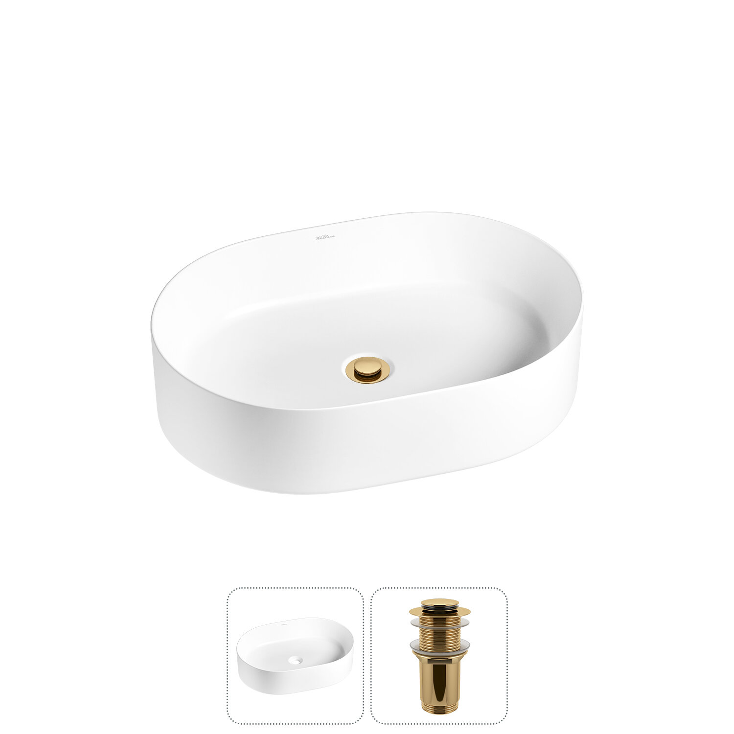 Накладная раковина в ванную комнату Wellsee Belle Spa 20212507R в наборе 2 в 1: раковина 50 см в цвете белый глянец, донный клапан в цвете золото