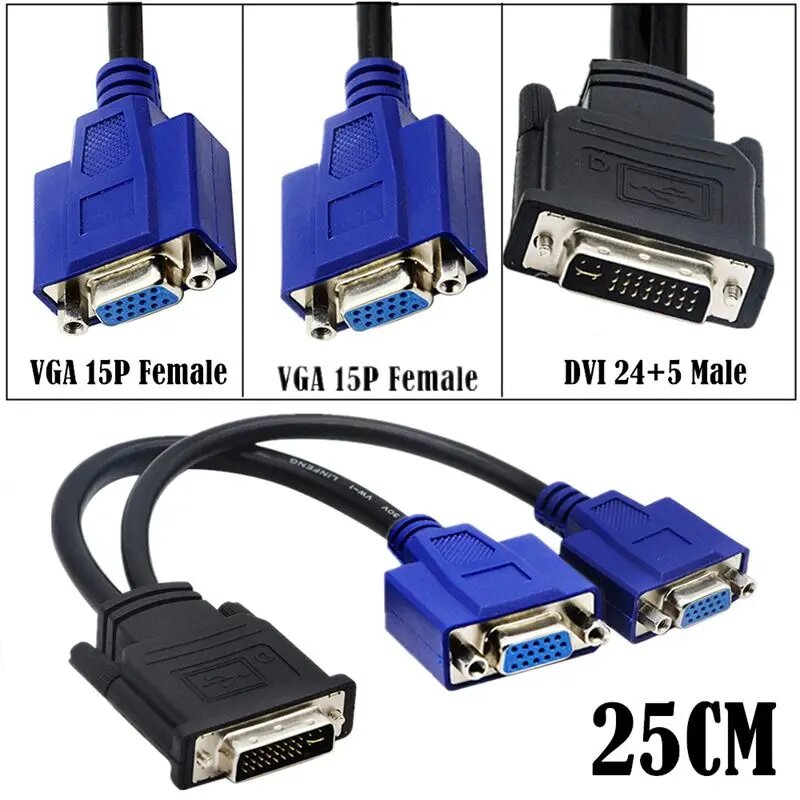HD Dual VGA 15-контактный разъем «мама» на DVI (24+5) «папа», DVI-VGA 1/2, соединительный кабель для дисплея, кабель-разветвитель 0,25 м