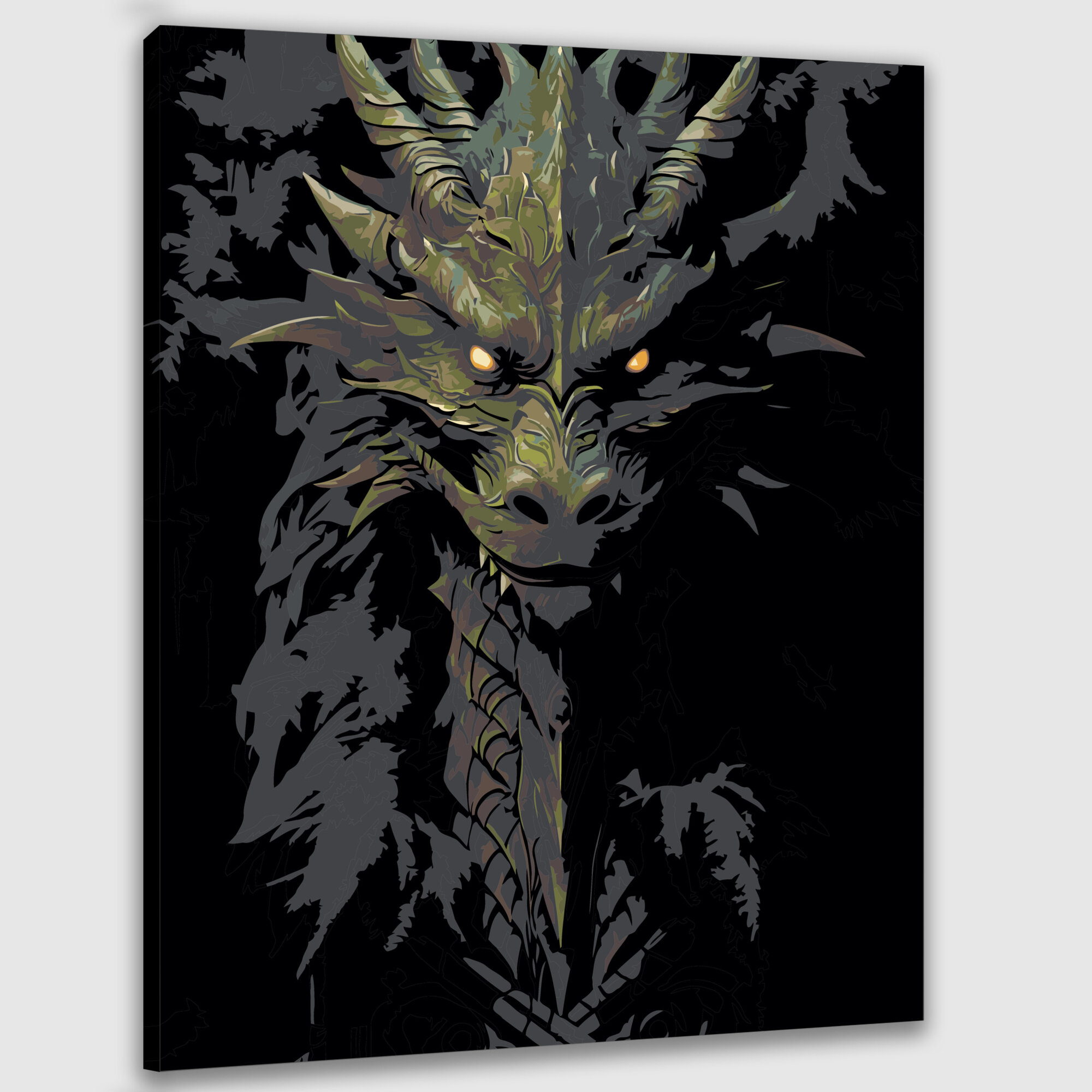 Картина по номерам 40x50 см, деревянный дракон, резьба, мифические символы, узоры, мистический лес, изумрудные глаза