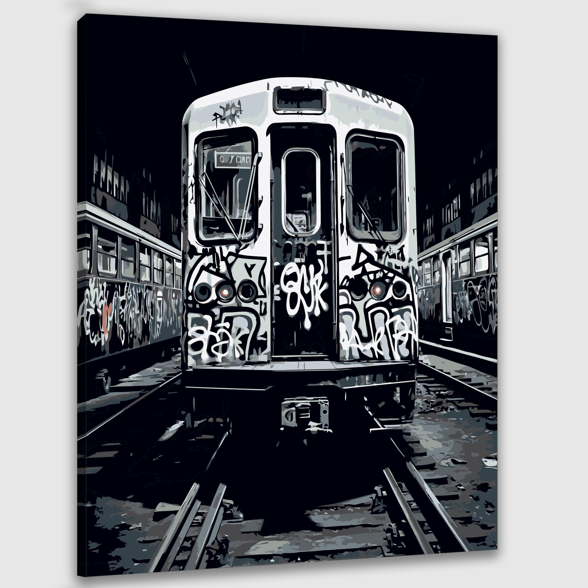 Картина по номерам 40x50 см, граффити, черно-белая фотография, поезд метро, контрастность, детали, текстуры, f