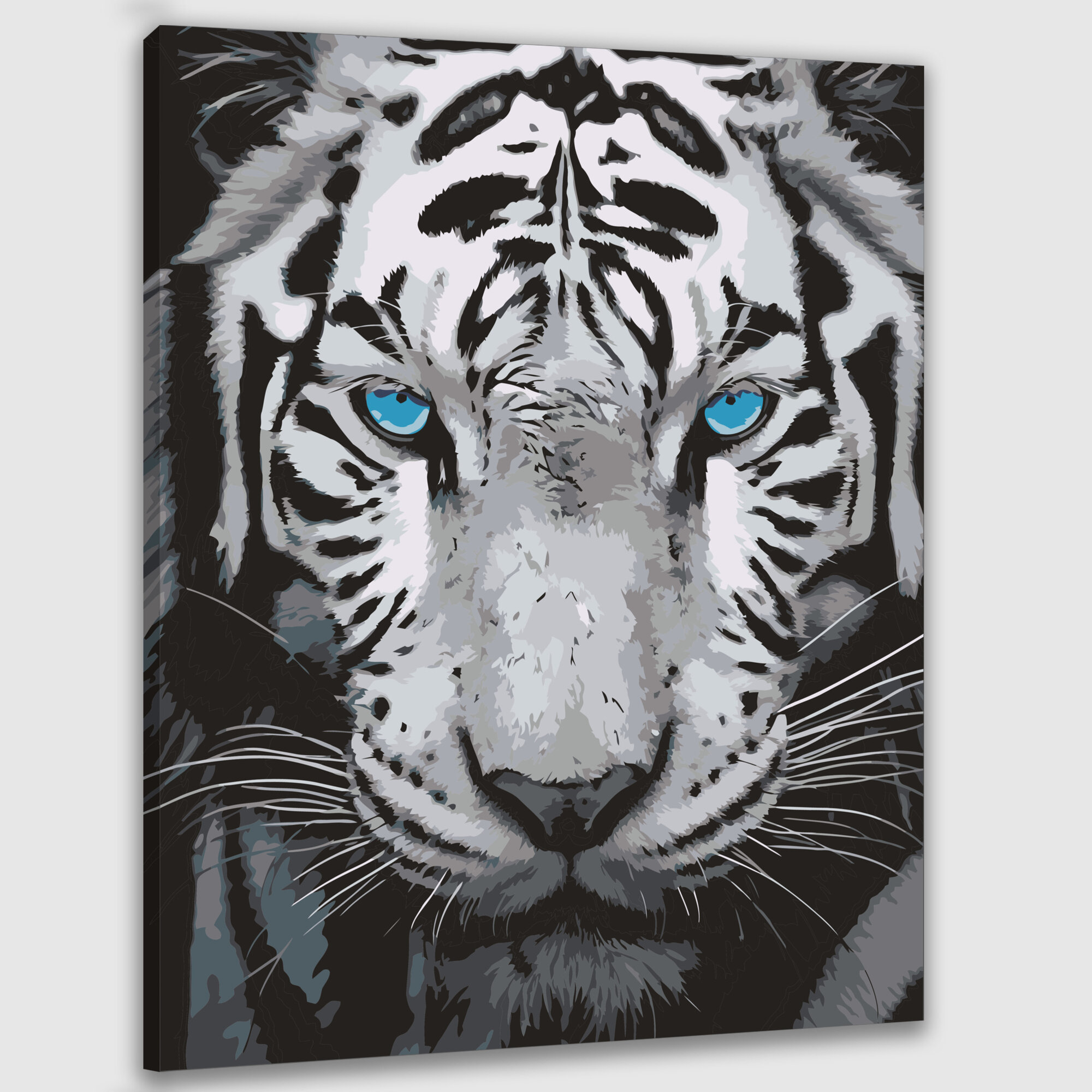 Картина по номерам 40x50 см, белый тигр, голубые глаза, крупный план, мощное присутствие, замысловатые детали