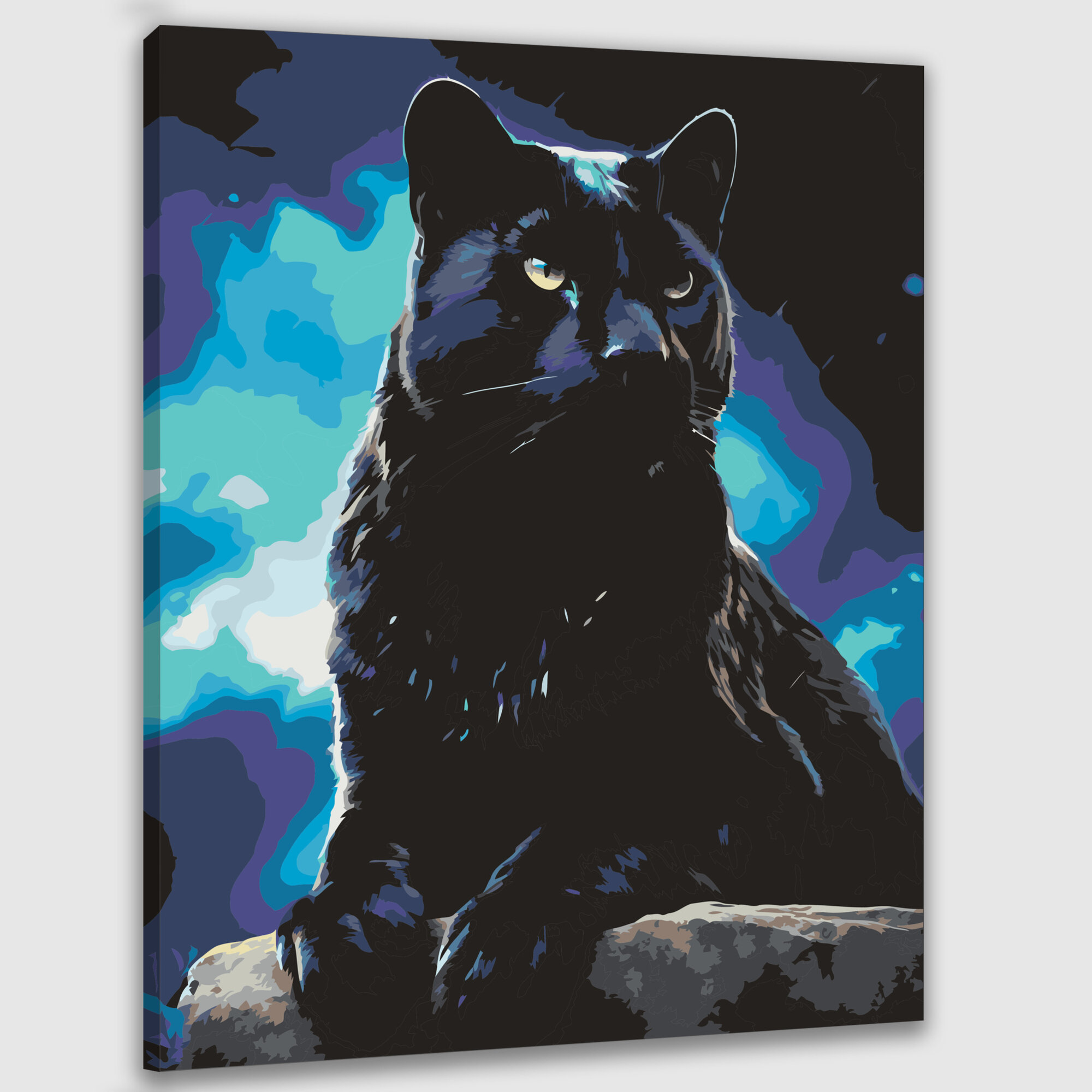 Картина по номерам 40x50 см, цифровая картина, черная пантера, зеленые глаза, звездное ночное небо