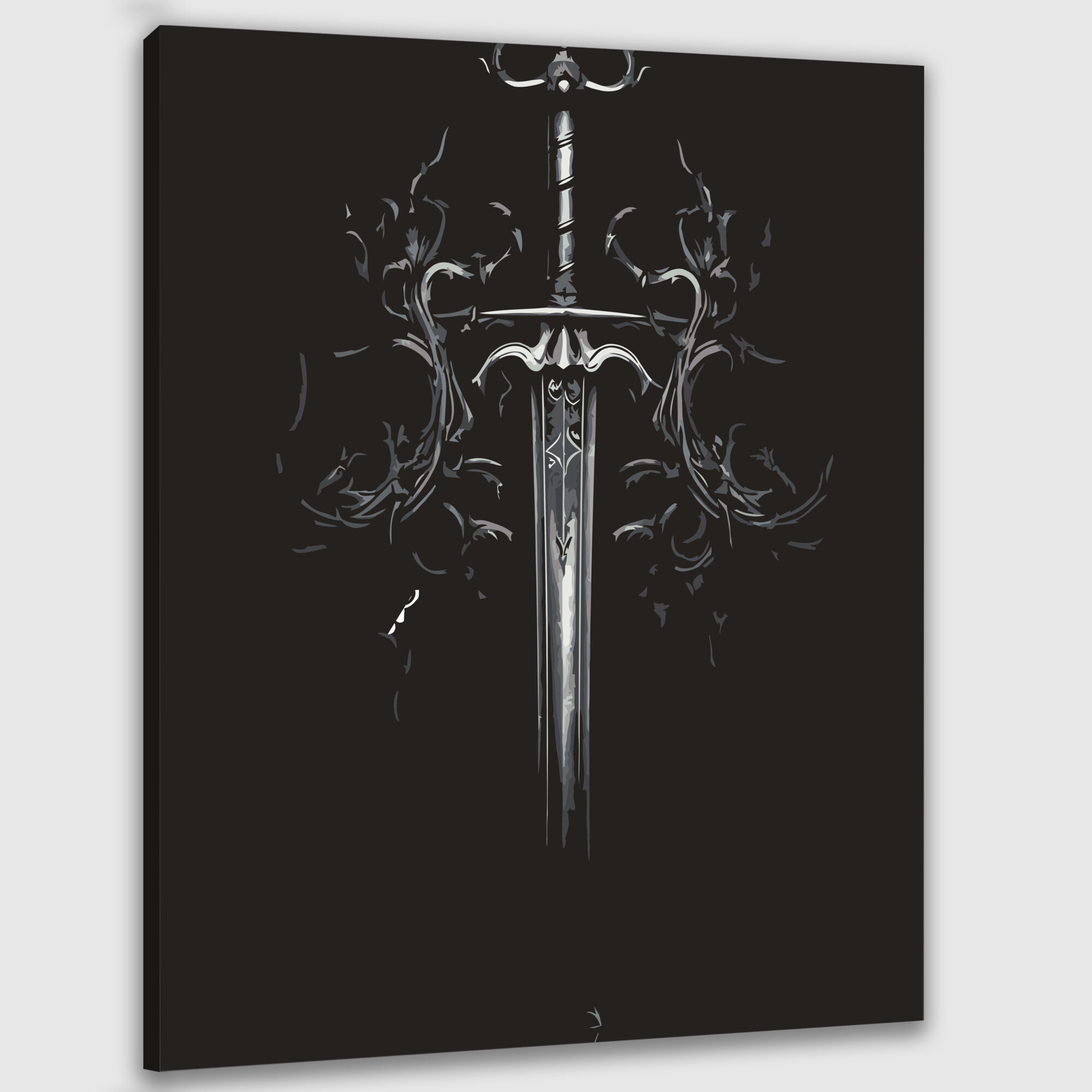 Картина по номерам 40x50 см, черно-белая фотография, пара мечей, скрещенные мечи, темный фон, визуальный контраст