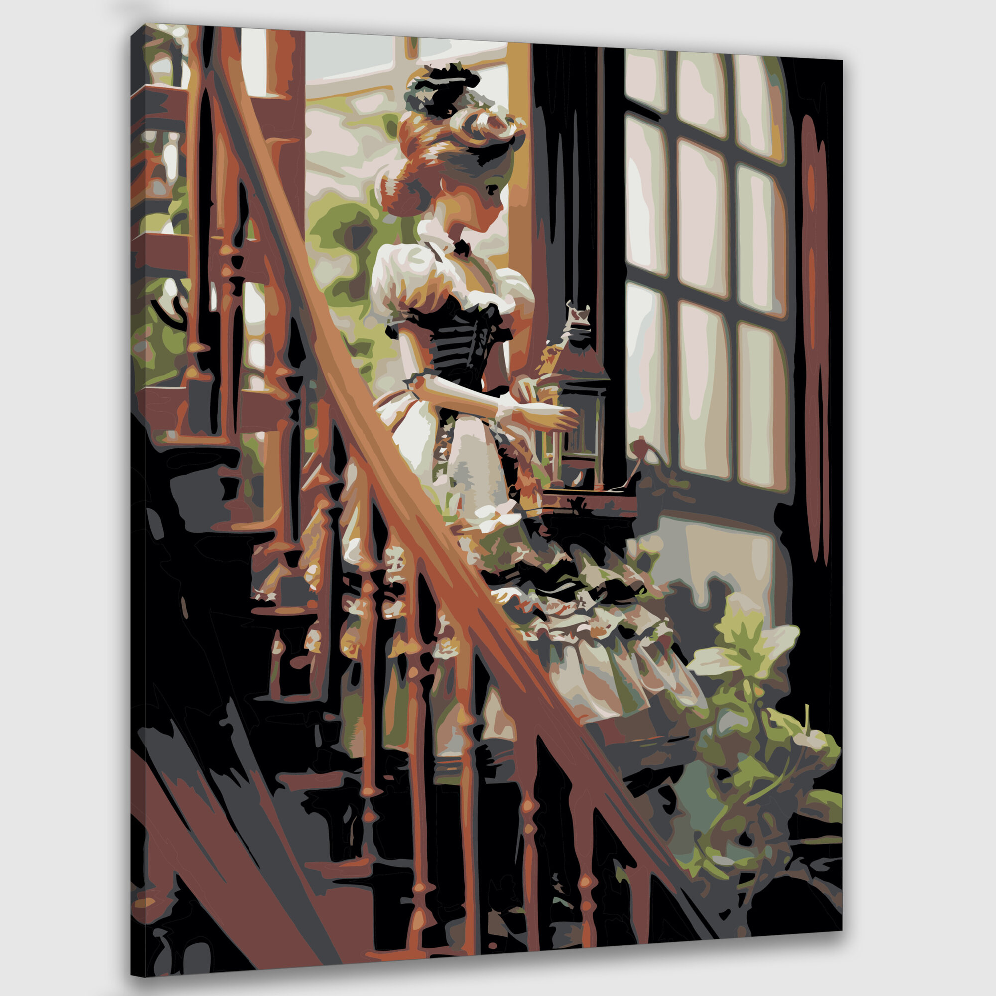 Картина по номерам 40x50 см, деревянная кукла, викторианский стиль, резьба, детали, черты лица, элегантный наряд, цветы