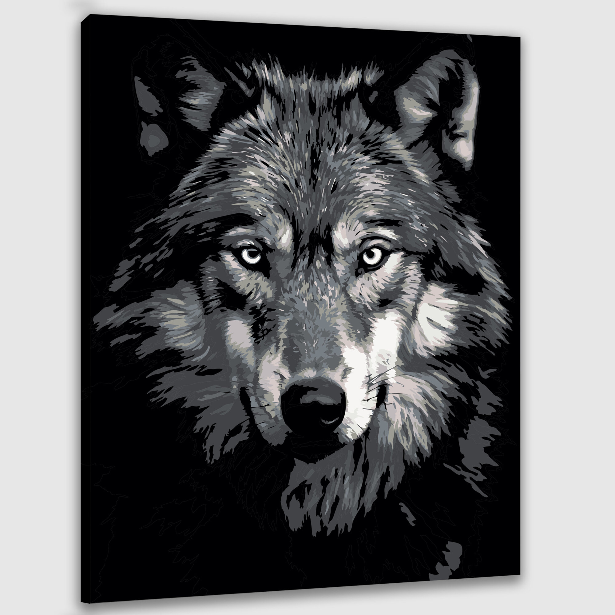 Картина по номерам 40x50 см, волк, черно-белая фотография, пристальный взгляд, высокая контрастность, четкие детали