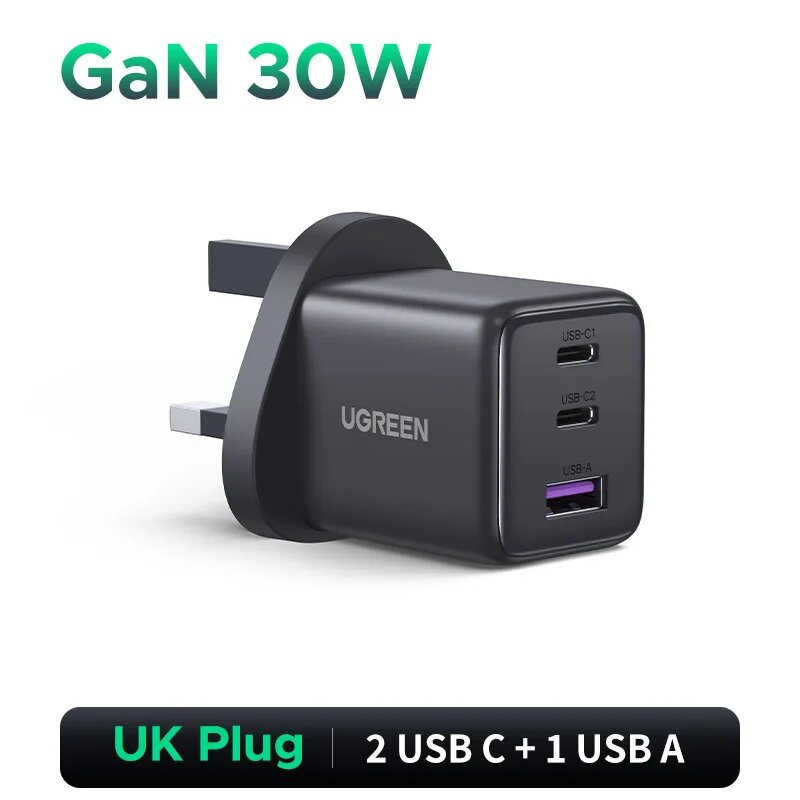【Вилка Великобритании】UGREEN 20 Вт 30 Вт Зарядное устройство GaN Mini PD 3.0 USB C Зарядное устройство для телефона iPhone 16 15 14 Pro Samsung S25 Xiaomi Tablet iPad Air