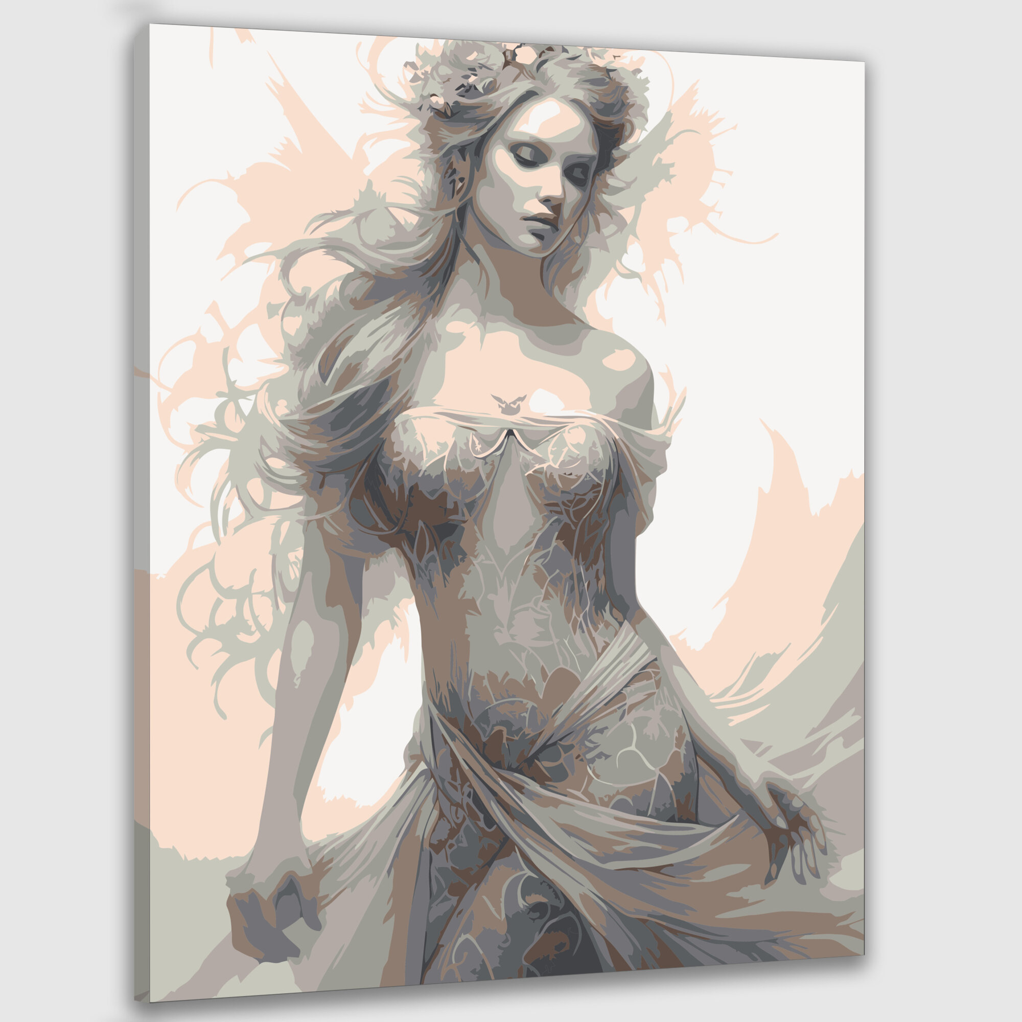 Картина по номерам 40x50 см, фея, платье, шелк, атлас, вышивка, бисер, драгоценные камни, свет