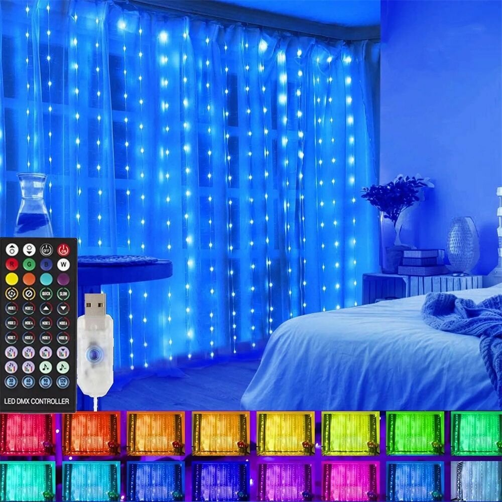 Гирлянда штора светодиодная led , разноцветная RGB c управлением Bluetooth, Источник питания USB , 300 огней,3*3m,1 шт