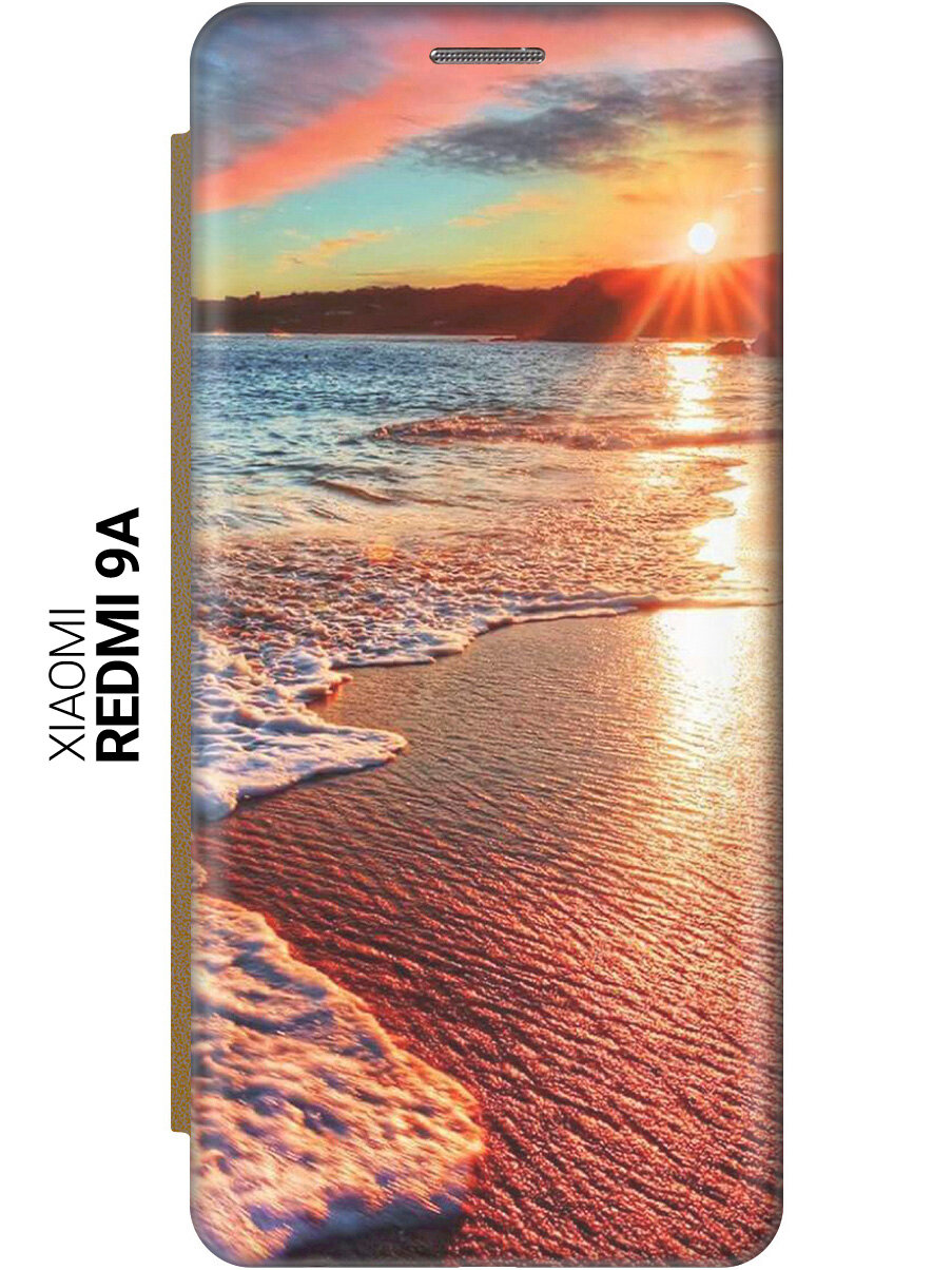Чехол-книжка на Xiaomi Redmi 9A, Сяоми Редми 9А с 3D принтом "Залитый светом пляж" золотой