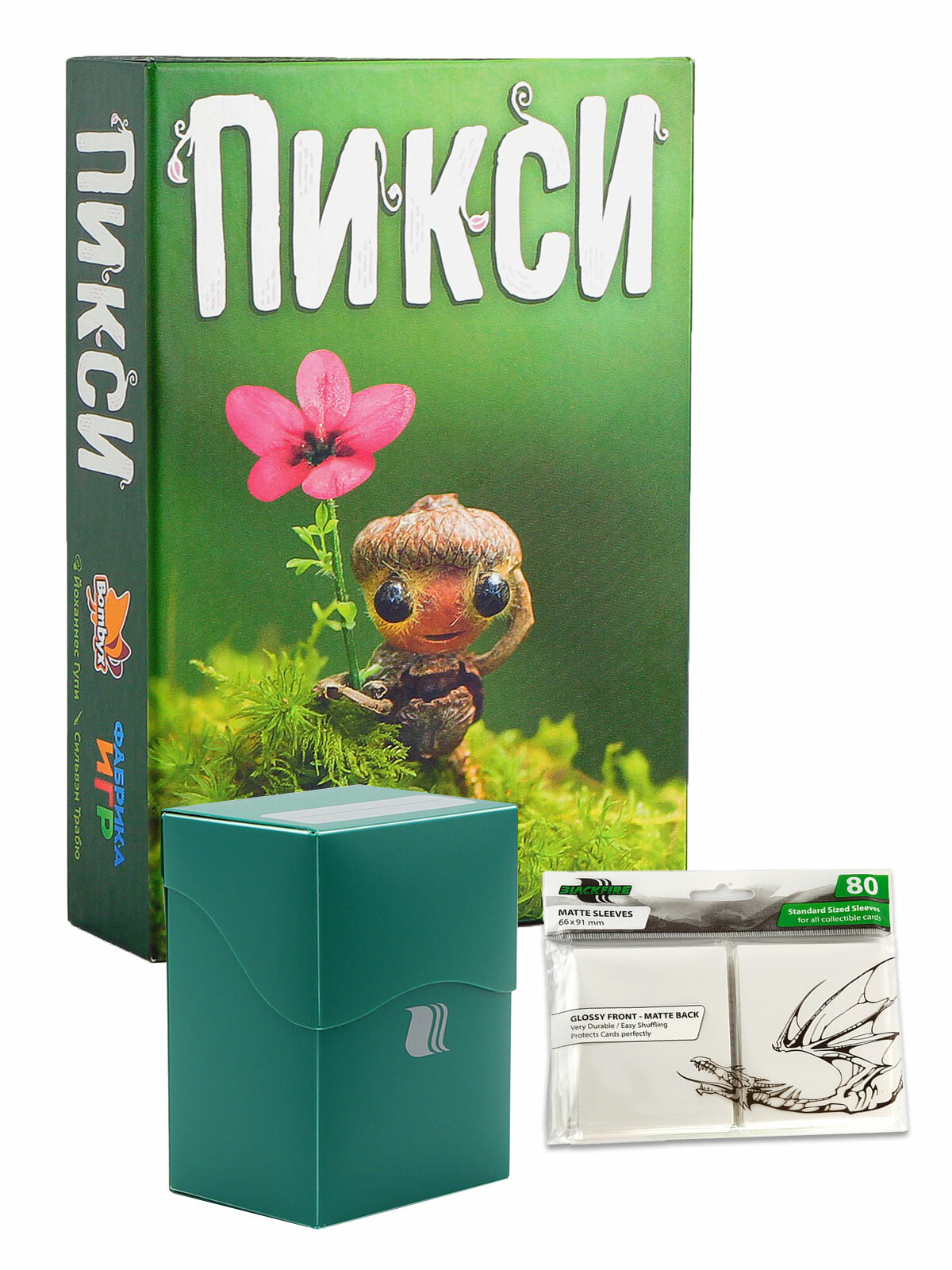 Настольная карточная игра Фабрика Игр Пикси + зелёная коробочка и белые протекторы