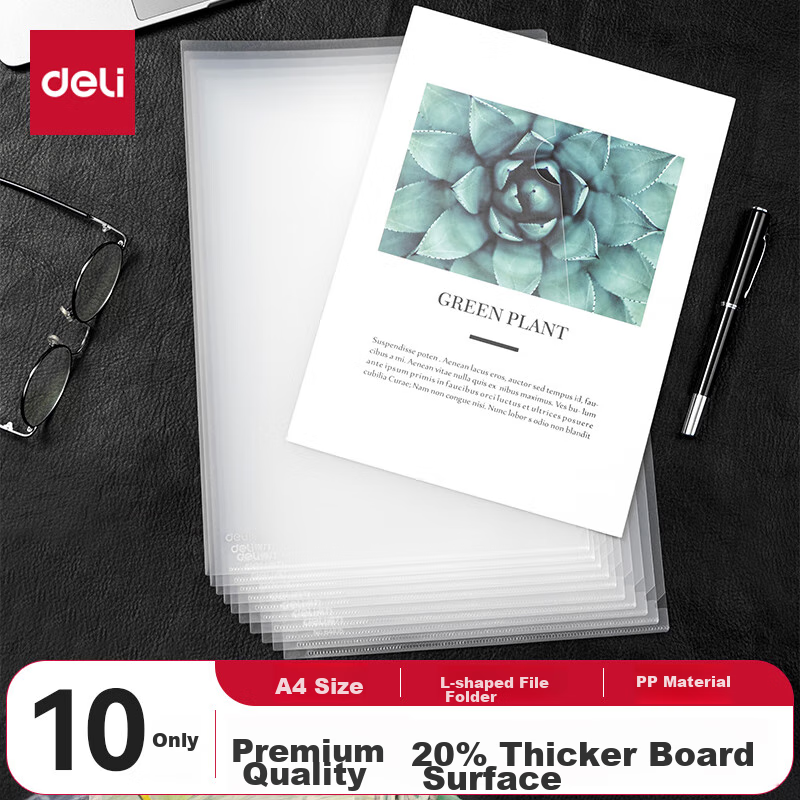 Deli 10 A4 Transparent Thick File Sleeves, L-Shaped Document Folders, Single-Sheet Two-Page File Pockets, Receipt Storage, Document Express Pouches, 64105