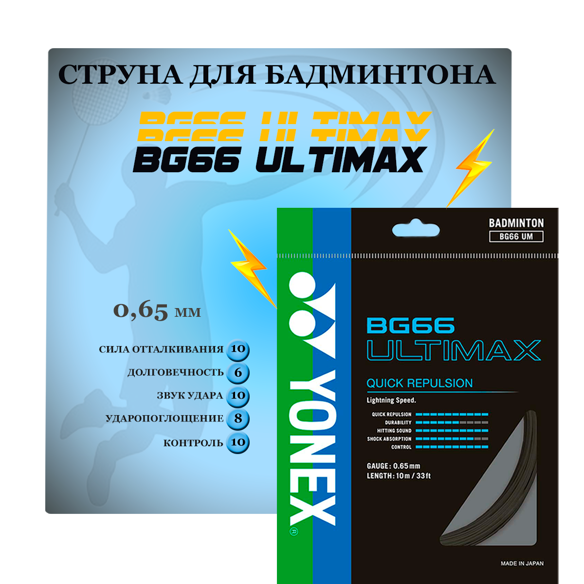 Струна YONEX BG66 ULTIMAX, для бадминтона, черная, длина 10 м, ширина 0,65 мм, 1шт