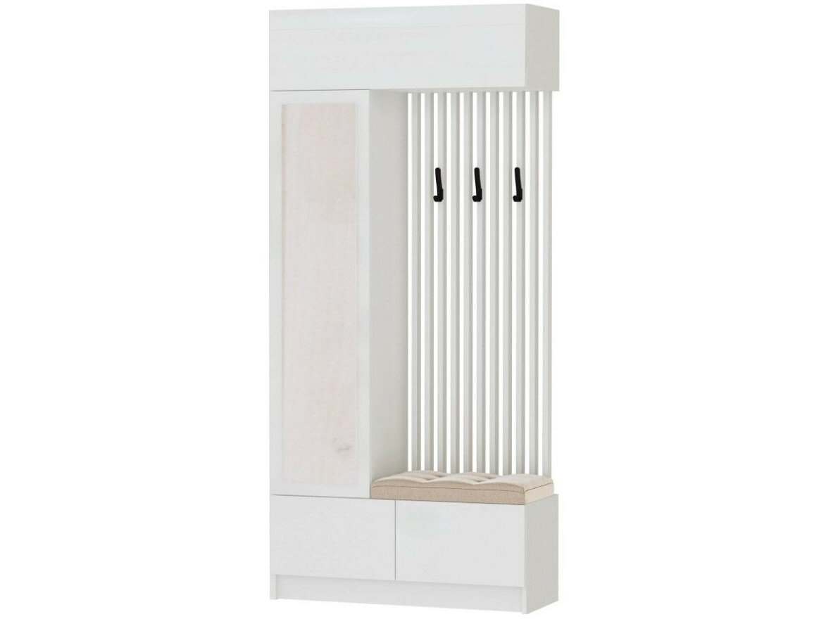 Прихожая-комплект, 3 крючка, обувницы с мягким сиденьем, зеркало, белый