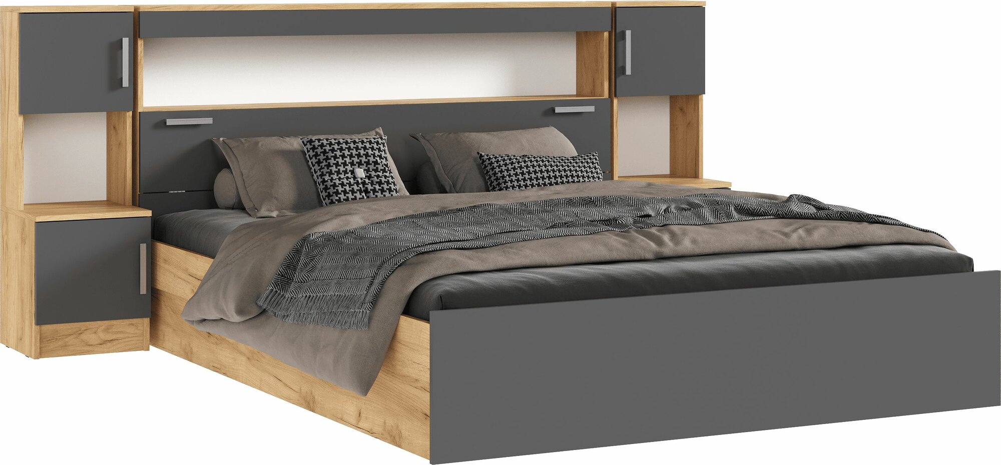 Бася Кровать 1,6м с надстройкой с тумбами (Графит/Дуб крафт) (Миф)