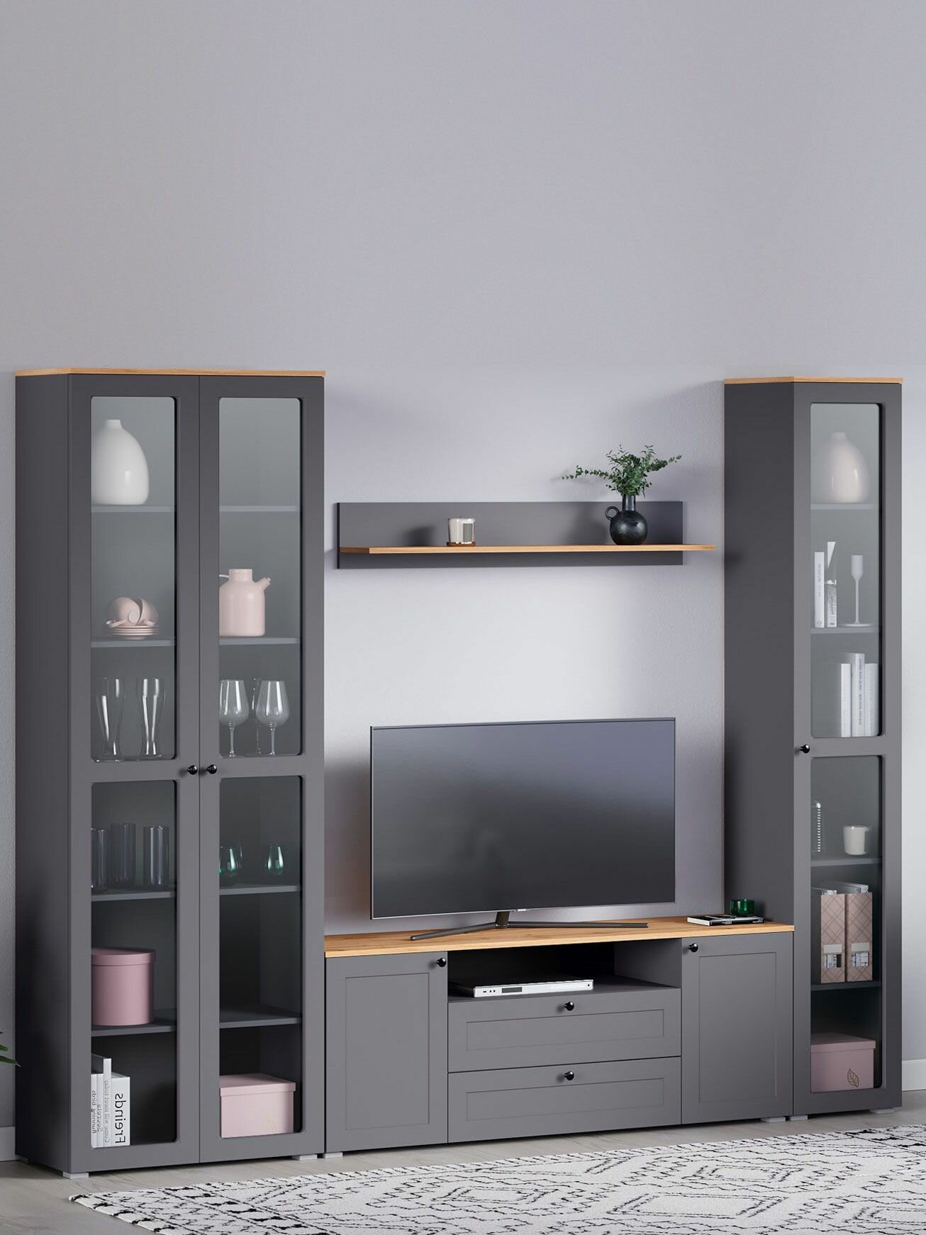 Гостиная комплект Остин, тумба под телевизор, настенная полка, шкаф-витрина, 280х41.9х229.8 см, Серый графит / Дуб Крафт золотой