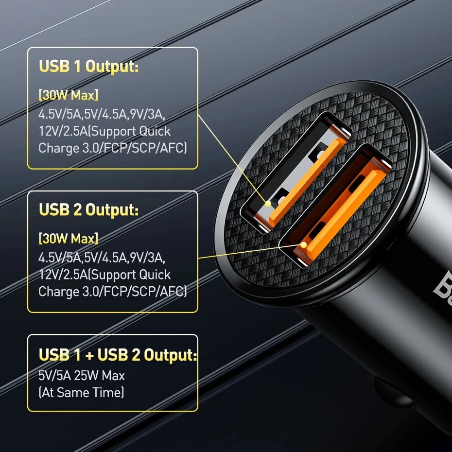 Baseus 30 Вт USB Автомобильное зарядное устройство Quick Charge 4.0 3.0 FCP SCP USB PD для Xiaomi iPhone 12 13 14 Pro Быстрая зарядка Автомобильное зарядное устройство для телефона