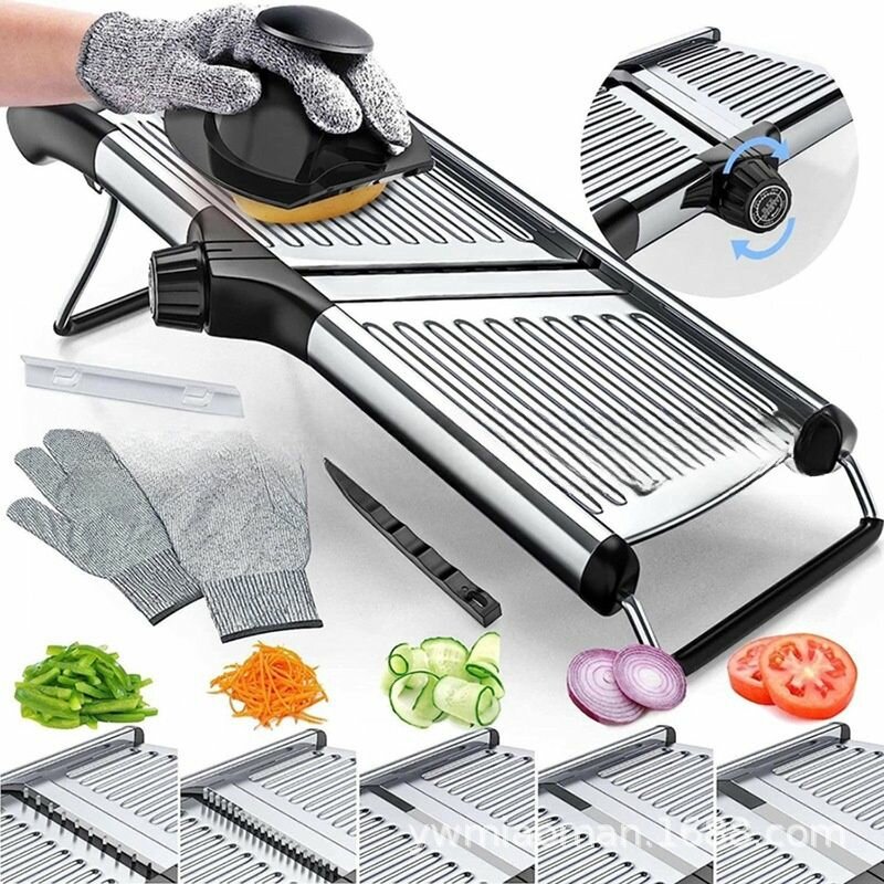 Многофункциональный кухонный набор из нержавеющией стали: овощерезка, шинковка, терка для моркови, измельчитель, дробилка для яблок и плододержатель, 5 сменных лезвий