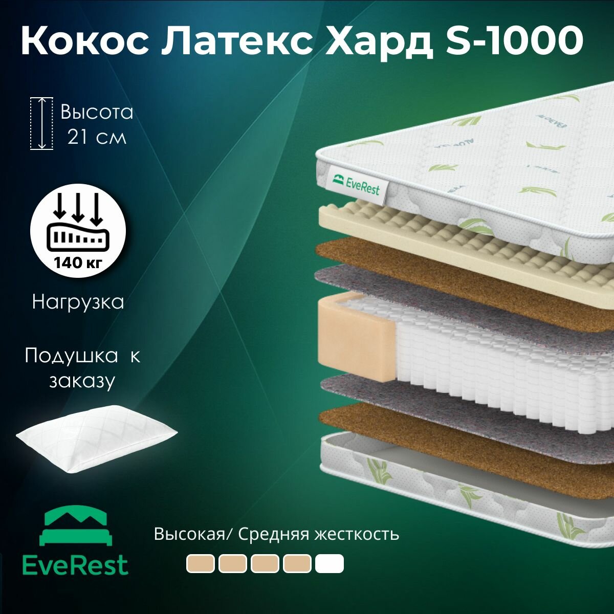 Матрас Everest Кокос Латекс Хард S-1000, 140x200, высота 21 см, независимые пружины, чехол Aloe Vera