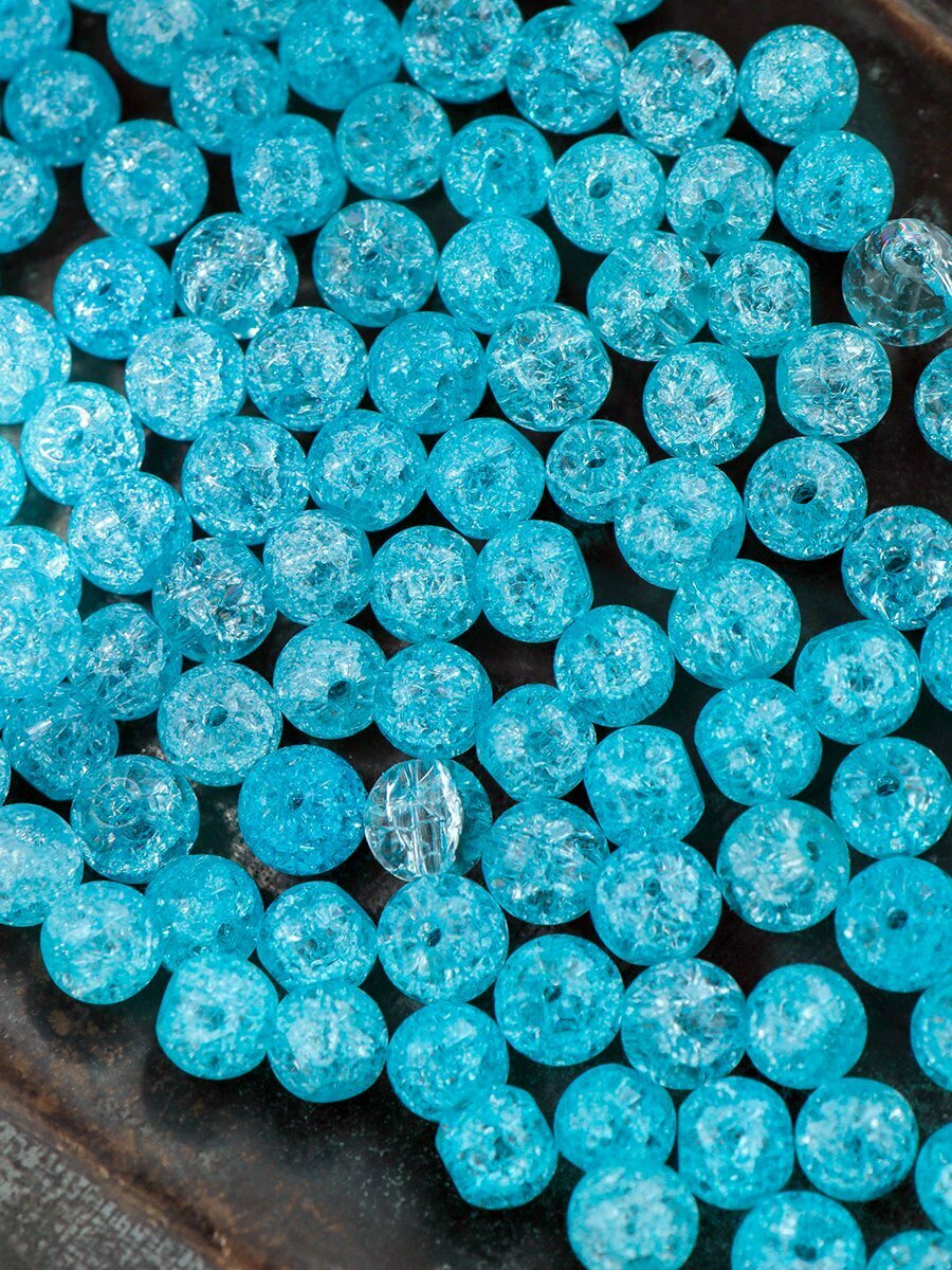 Бусины стеклянные круглые 40 шт, эффект кракле, светло-бирюзовый, 6 мм