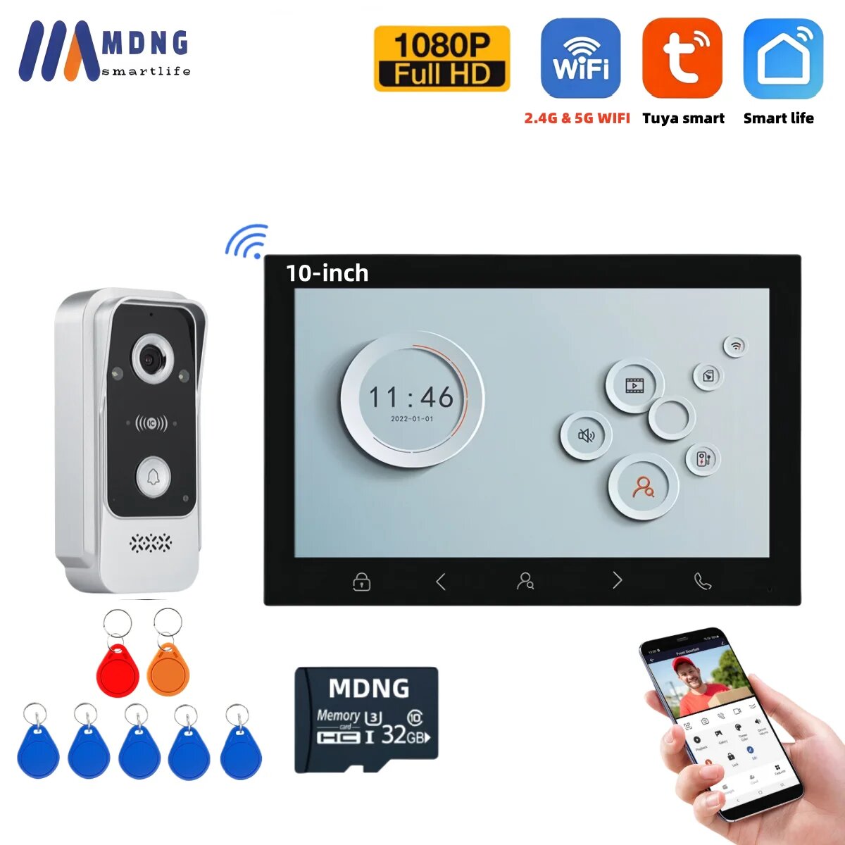 Видеодомофон MDNG 10 дюймов WIFI 1080P, KR10-PIC-32G