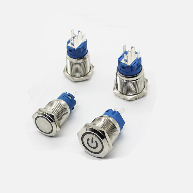 Кнопка антивандальная водонепроницаемая с фиксацией 5 pin 12В 3А 12 мм - синяя подсветка (1201B)