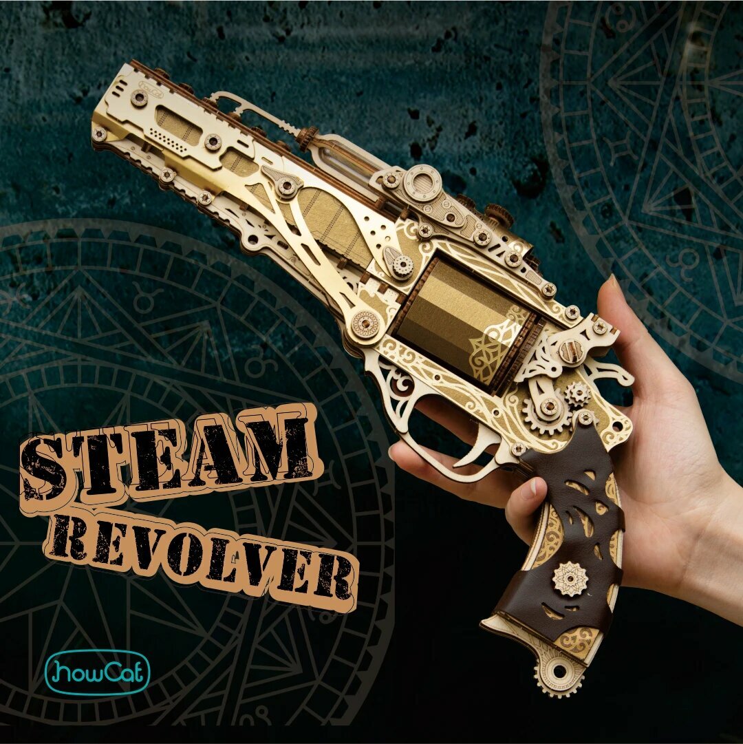 Деревянный 3D пазл паровой револьвер METAL OCEAN Golden Revolver