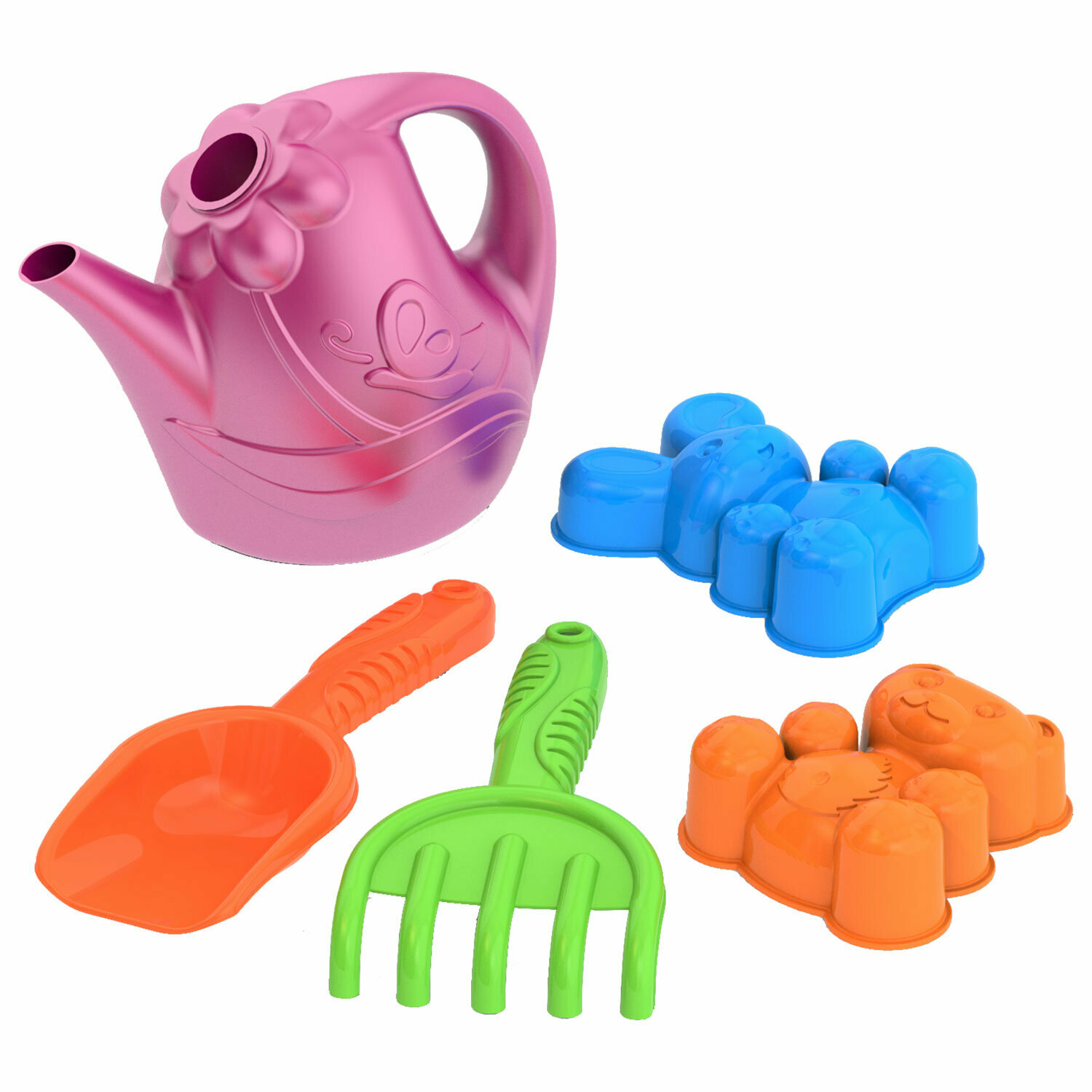 Набор для игр в песке: лейка, совочек, грабельки, 2 формочки "Животные", нордпласт, 196