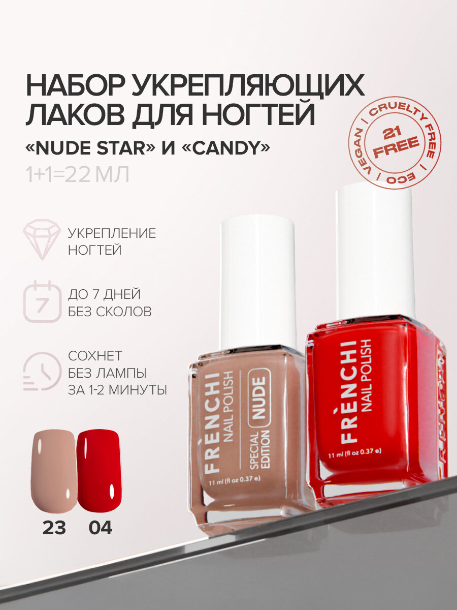 Набор 2 штуки укрепляющие цветные лаки, нюдовый и красный цвета