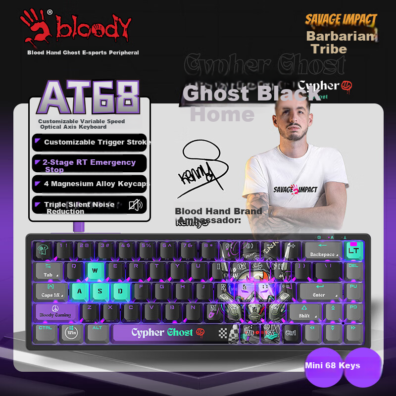 A4TECH AT68 68-Key Wired Mechanical Keyboard Blood Hand Ghost Light Axis PBT Computer Gaming Chicken Unfettered Contract to Play Valoran FPS Game RT Barbarian Tribe Ghost Hacker