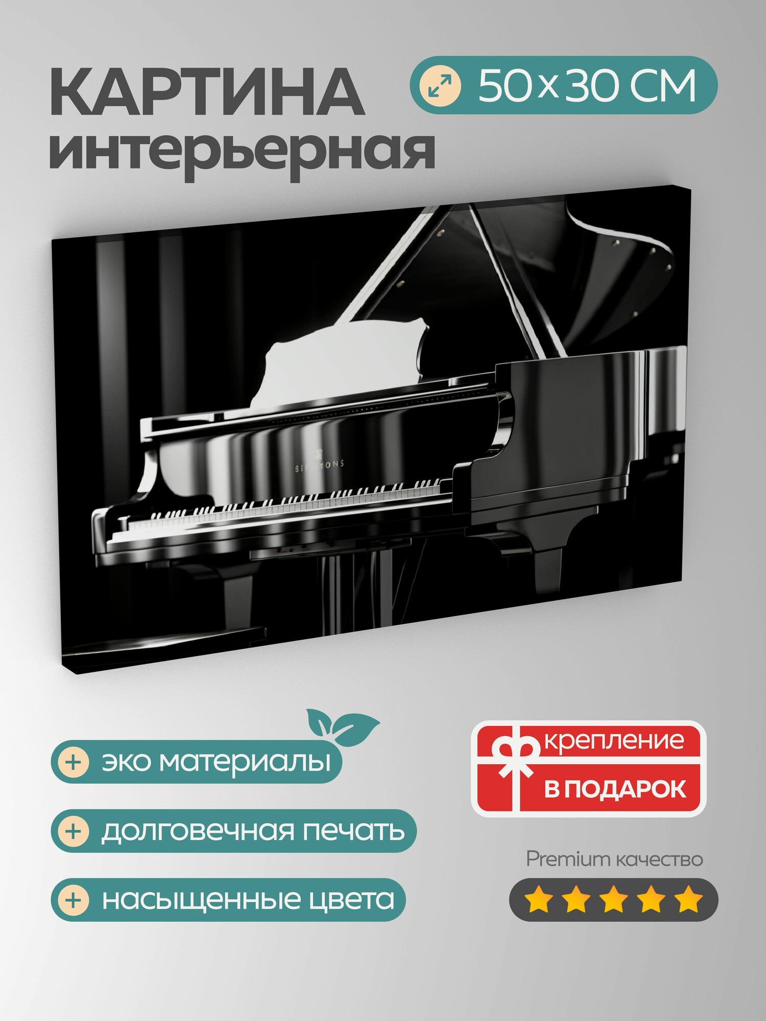 Картина на холсте интерьерная 50х30 см, черно-белая фотография, рояль, клавиши, белые струны, элегантность