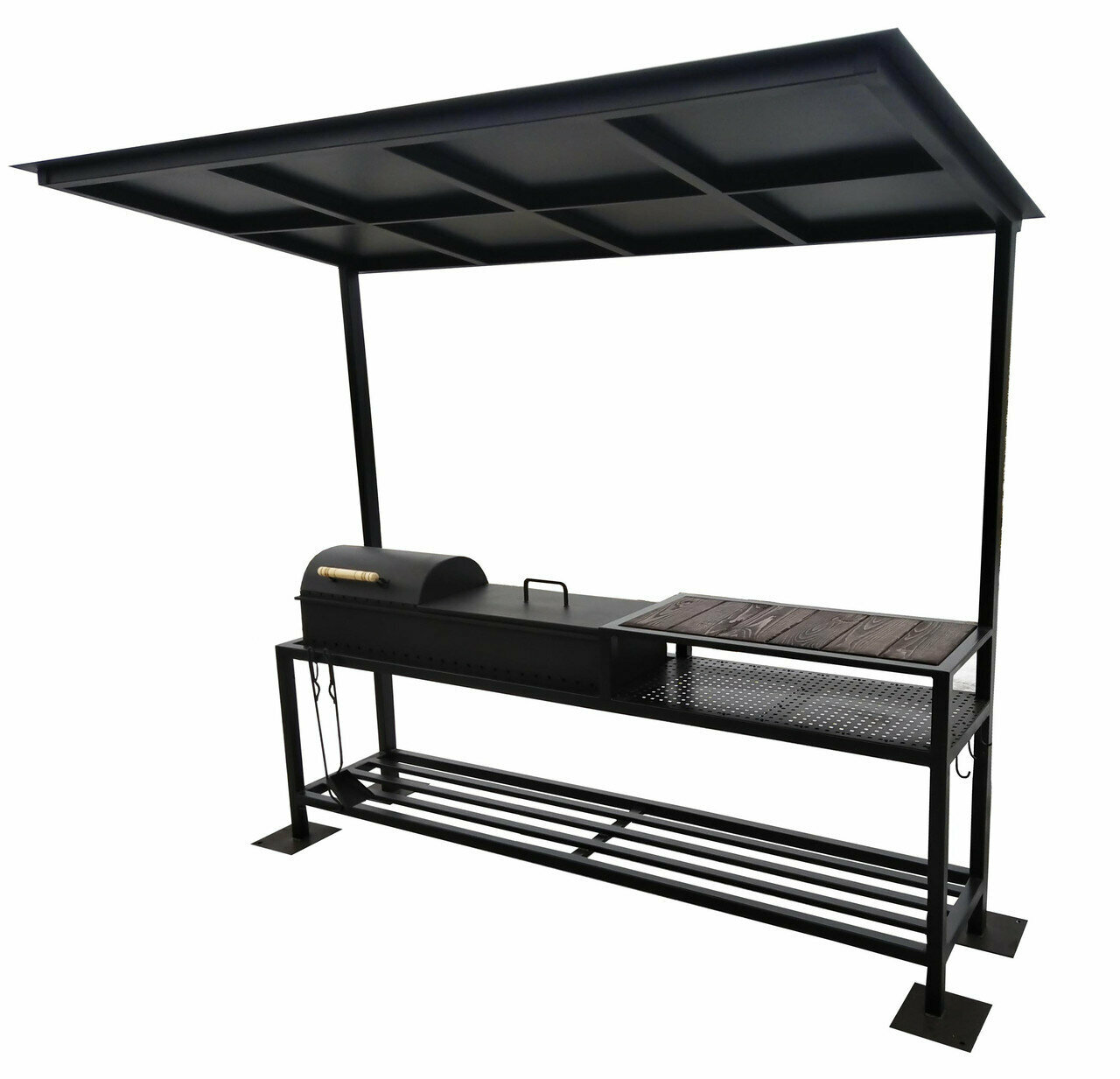 Мангал в стиле лофт (LOFT) с дровницей и столиком из дерева, 3 мм, "Модерн-профи" с крышей 3 в 1