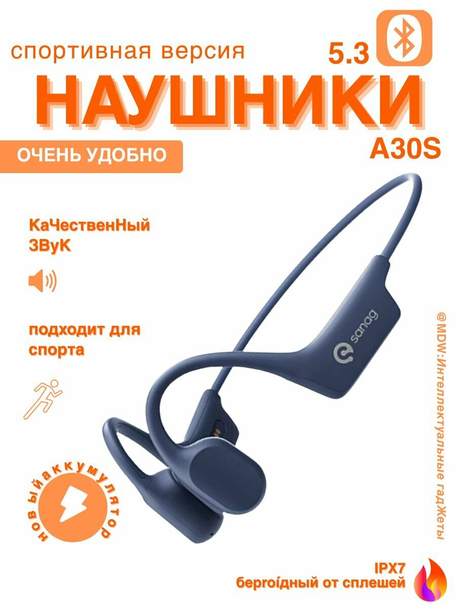 Sanag Наушники с костной проводимостью - беспроводные Наушники спортивные с микрофоном - Bluetooth 5.3 - A30S PRO - Cиний