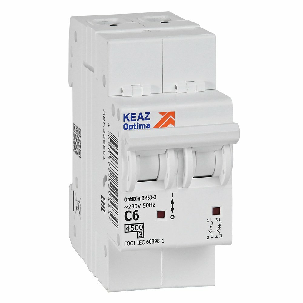 КЭАЗ OptiDin BM63 Автоматический выключатель 2P 6А C 4,5кА AC (BM63-2C6-4,5-УХЛ3), 326801