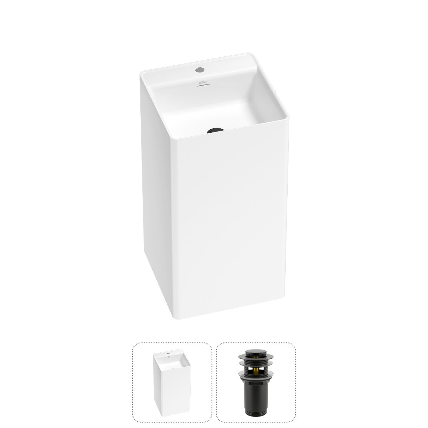 Квадратная напольная раковина для ванной Wellsee Pure BY Wellsee 20213267R в наборе 2 в 1: напольная отдельностоящая раковина моноблок в цвете матовый белый, донный клапан (цвет матовый черный)