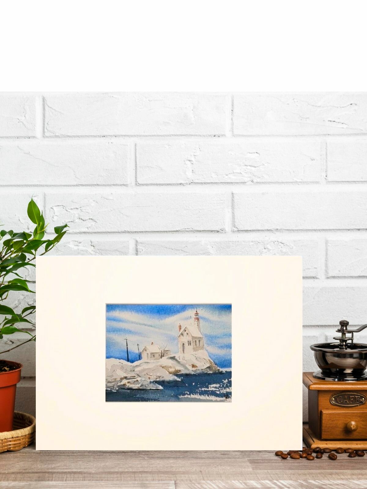 Картина авторская акварельная в паспарту 21х30 см на стену для интерьера "Маяк Лингер"