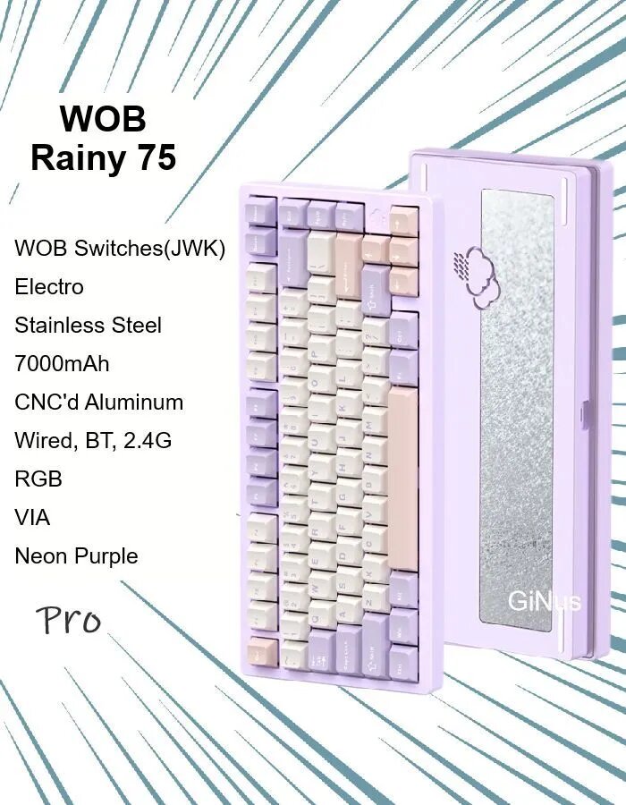 Игровая клавиатура беспроводная Rainy75 Pro, NeonPurple, RGB, WOBSwitches, Electro, Английская раскладка, сиреневый