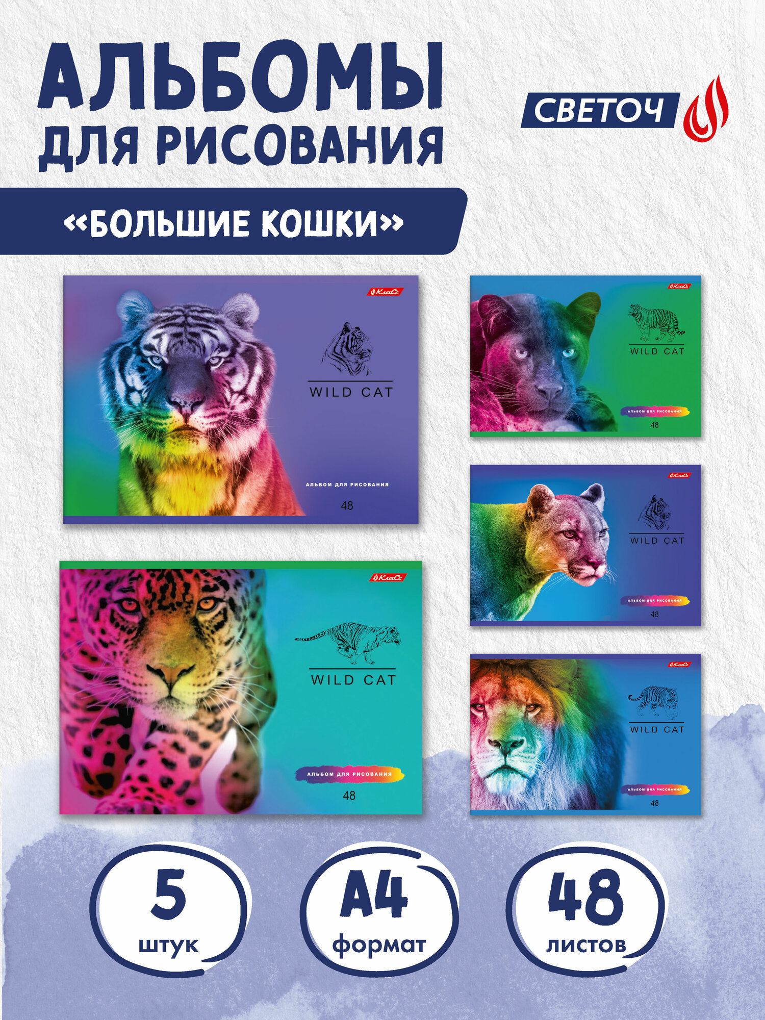 Альбом для рисования Светоч А4 набор ассорти на скобе 48 листов 5 штук Большие кошки