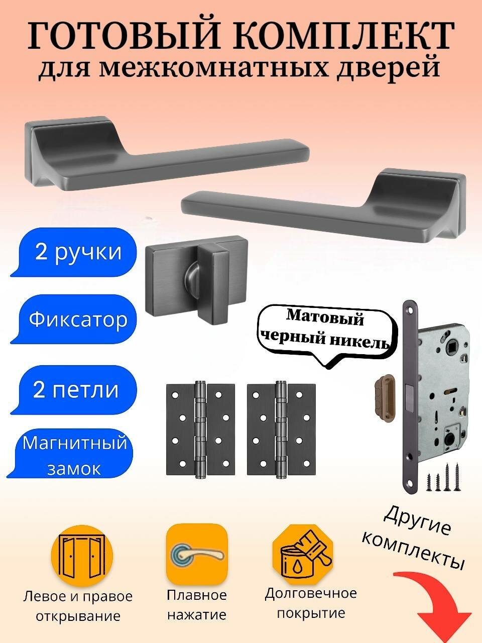 Ручка дверная межкомнатная PUERTO INAL_557-01_MBN_MAGWC, никель матовый черный (ручка + фиксатор + магнитный замок + 2 универсальные петли)