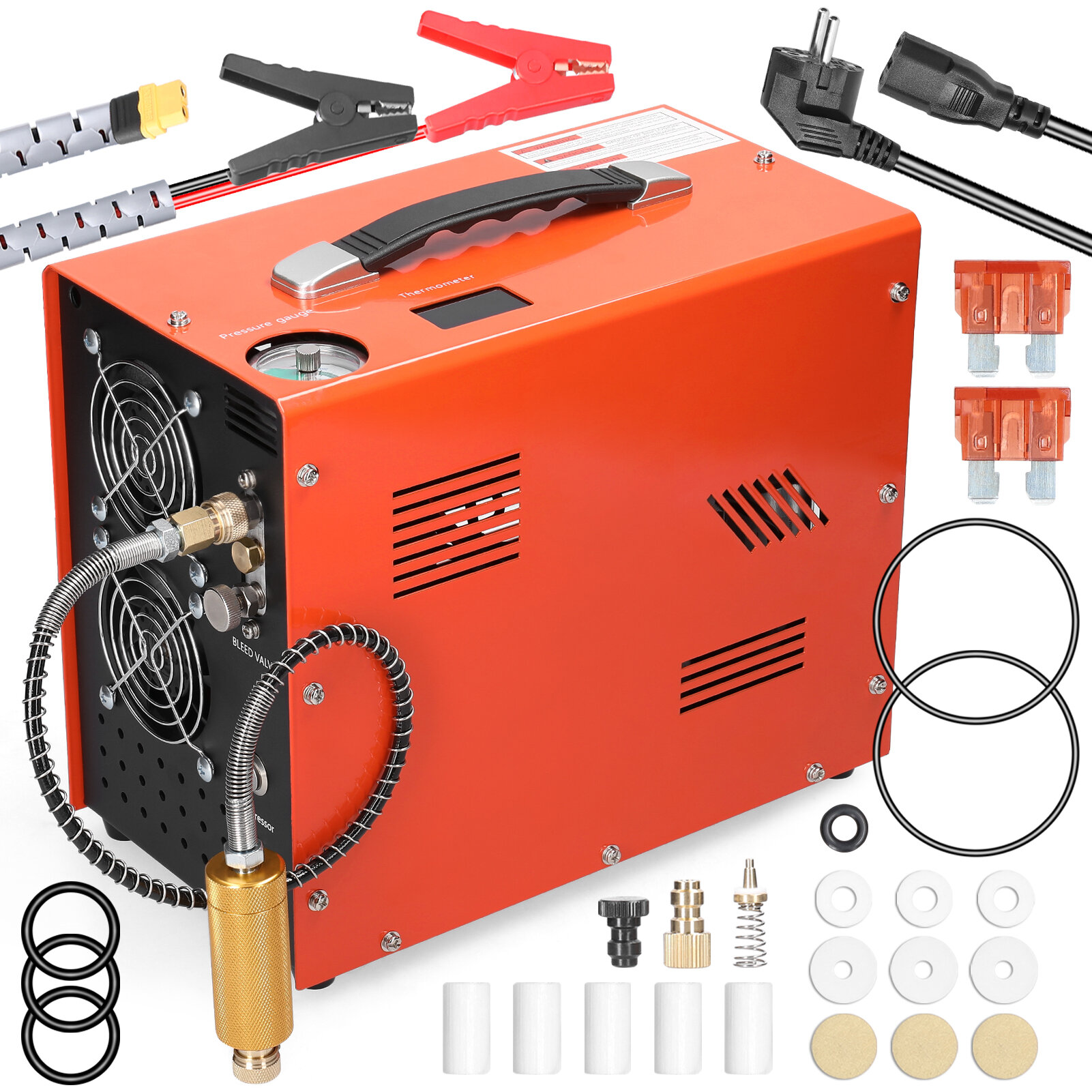 Электрический высокоедавленный компрессор 4500PSI с барометром, интеллектуальный портативный компрессор с автоматическим отключением, внешний компрессор с цифровым дисплеем LCD, температура 0-80℃, цвет оранжевый+черный, EU-plug, US-plug (optional), max.