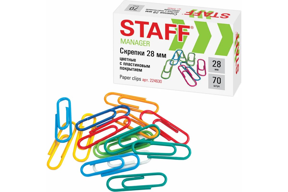 Staff Manager скрепки 28 мм цветные, набор 70 шт в картонной коробке 224630