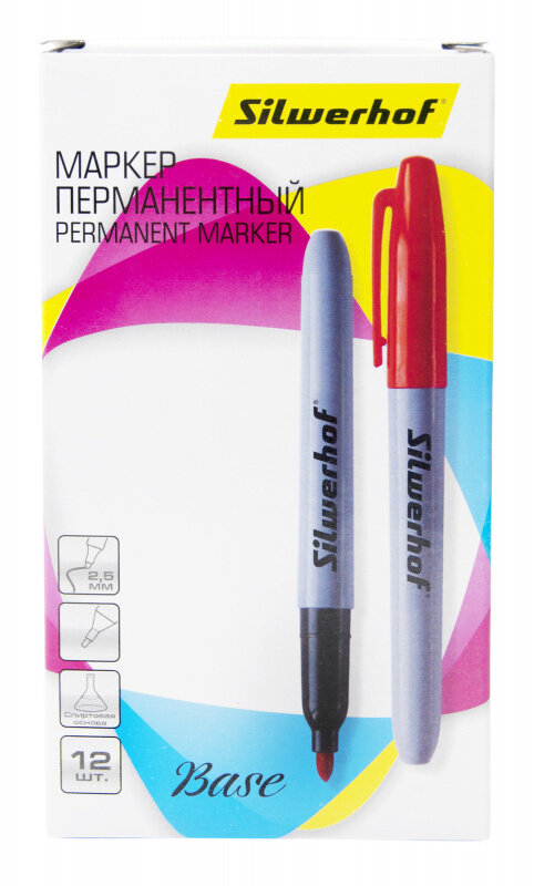 Маркер перманентный Silwerhof Base пулевидный наконечник 2.5мм красный коробка, 12 шт.
