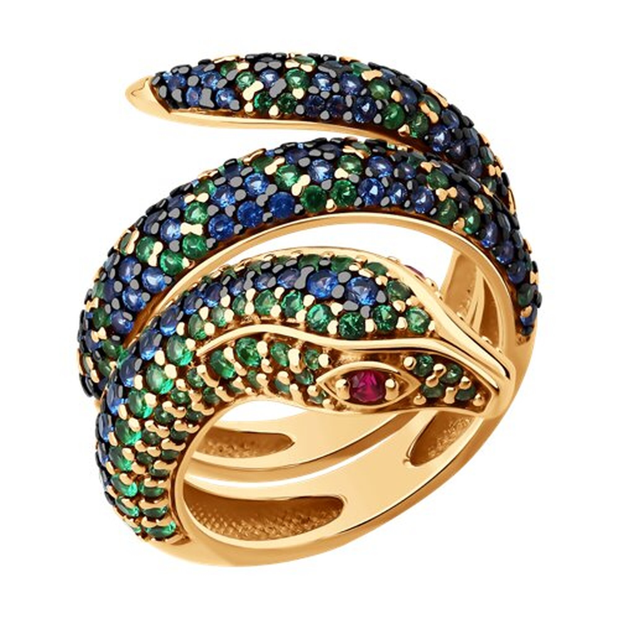 Кольцо широкое, серебро, 925 проба, золочение, фианит, корунд