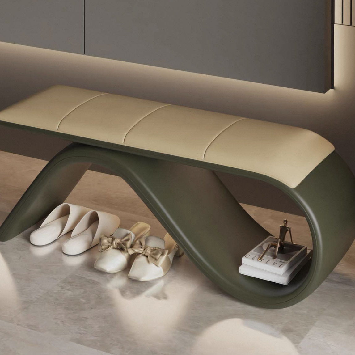 Интерьерная банкетка с фигурным основанием Estenas (140см / темно-зеленый + хаки)