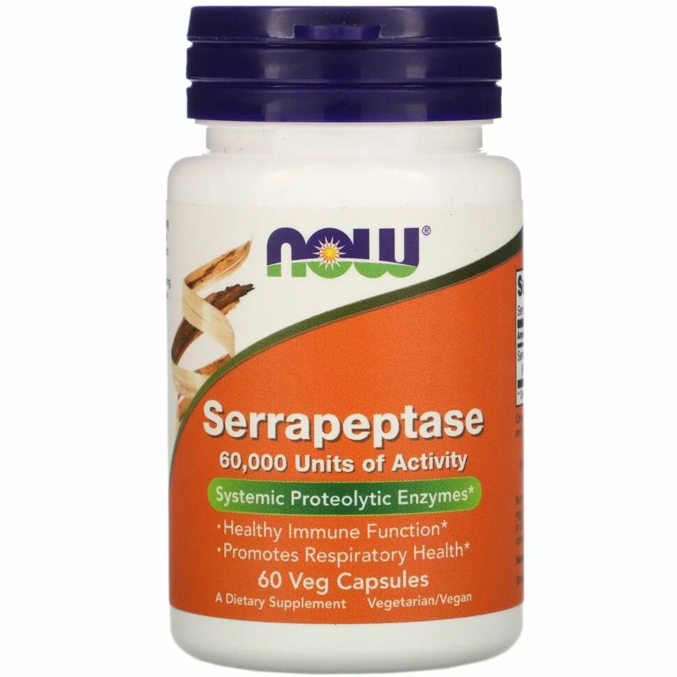 Протеолитические ферменты NOW Foods Serrapeptase 60000 SU, 60 растительных капсул