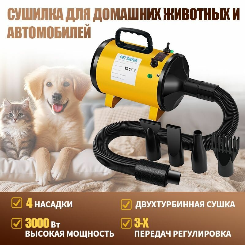Фен компрессор для собак,3200Вт,4 насадки, Подходит для автомобилей